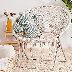 PASAMIC Saucer Chair with Folding Metal Frame, 100% Cotton Handmade Round Cozy Chairs, Exquisite Moon Chair for Bedroom, Living Room Décor Beige