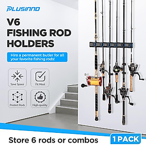 PLUSINNO Fishing Rod Holders - V6 Vertical Support for Extra Large & Heavy Fishing Rod Combos, Garage & Wall Mounted Rack Storage