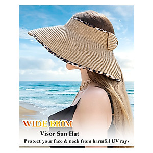 Womens Beach Straw Sun Hats Ponytail Hole Wide Brim Summer Visor Foldable Hat Sun Protection Packable for Travel Pool(One Size,Khaki with Leopard)