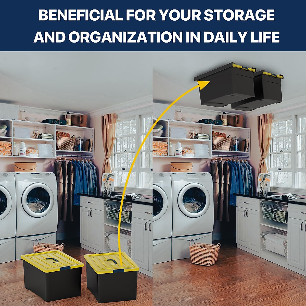 4 Bins Overhead Garage Storage Racks for Utility Bins,Heavy Duty Garage Ceiling Storage Racks,Storage Bin Ceiling Rack System,Tote Storage Rails,Storage Bin Ceiling Rack System,Great Space Saver