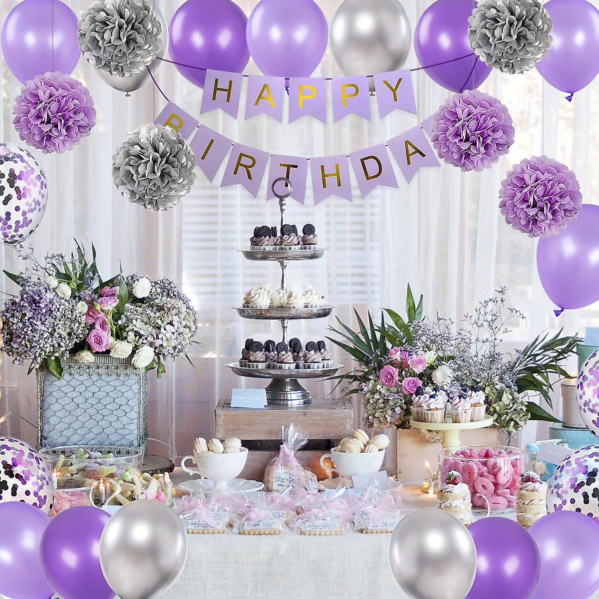 Rabbmall Birthday Decorations for Girls Purple and Silver Lavender Party Decor Kit for Her Women Including Happy Birthday Banner Pompom Flower Foil Balloons Confetti Latex Balloon Ribbons