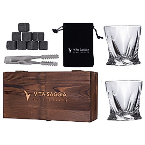 Luxury Whiskey Glass Set of 2, Gift Set in Wooden Box, Includes 9 Whiskey Ice Stones, Velvet Bag and Stainless Steel Tongs. Great Gift for Men, Dad, Christmas
