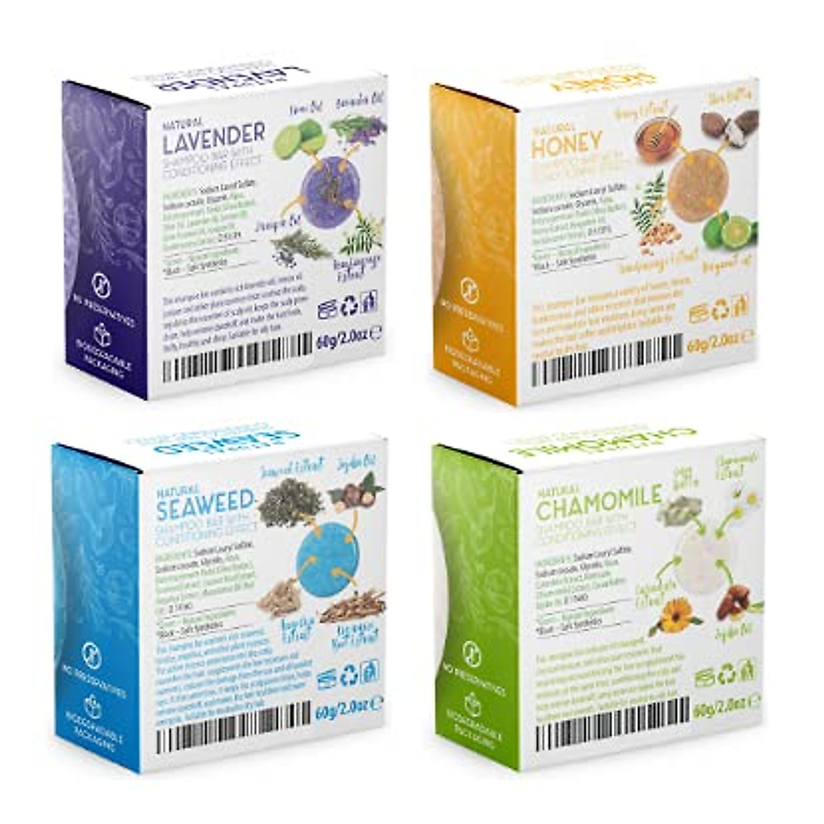 Solid Shampoo Bar And Conditioner Effect Hair Soap – 4 Pack 100% Organic Shampoo Bars For Hair With All Natural Plant Based Essential Oils And Eco Friendly Zero Waste Biodegradable Packaging