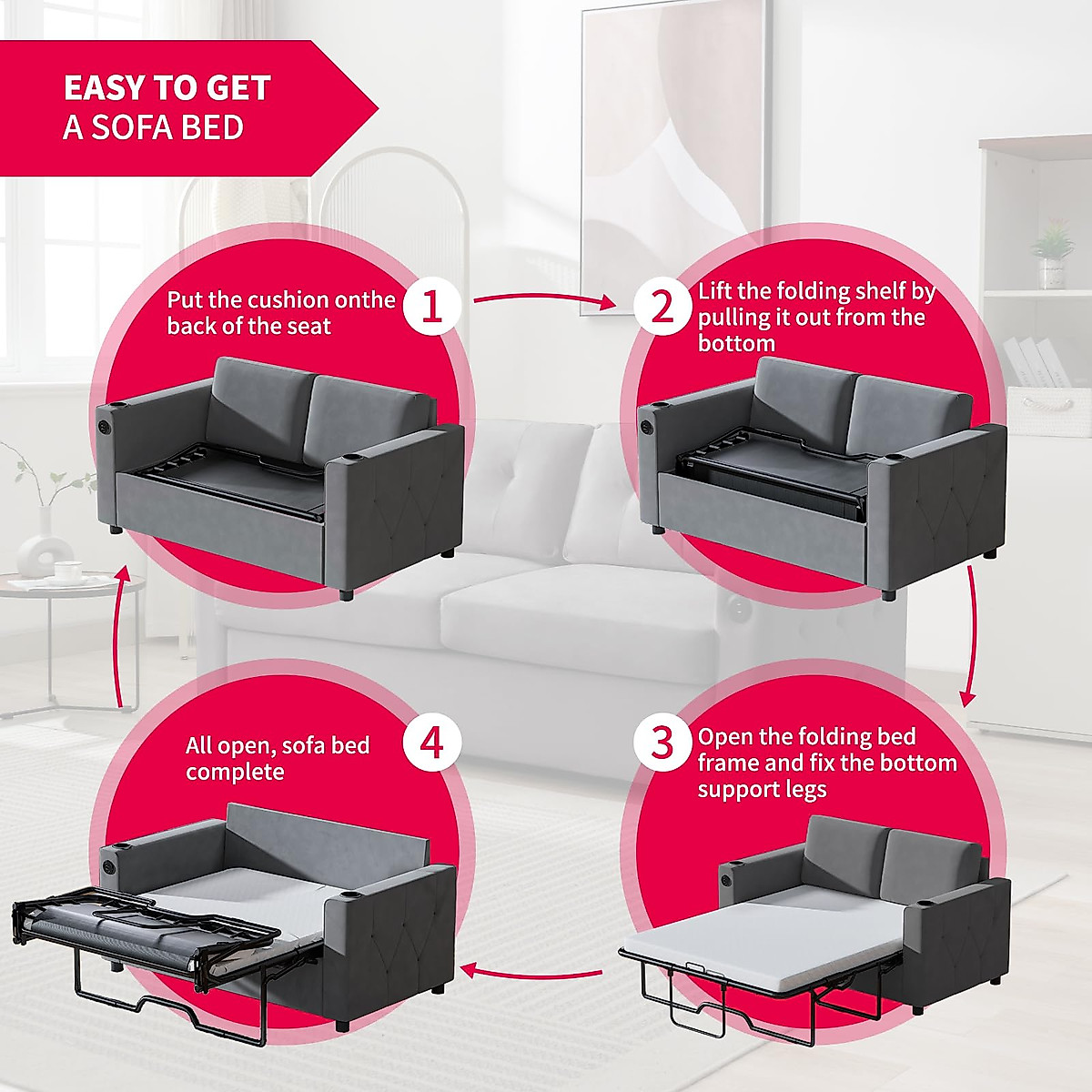 MUZZ Pull Out Couch Bed, 2 in 1 Sleeper Sofa Bed with Cup Holder & USB, Modern Velvet Sofa Bed with Foam Matress for Living Room, Apartment, Office(Queen/Dark Grey)