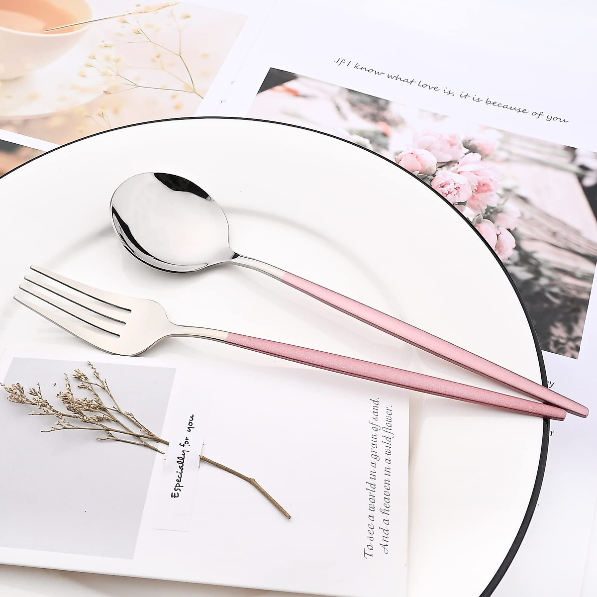 Snplowum Mirror Cutlery Serving Set, 24-piece 18/0 Stainless Steel Silverware With Pink Handle Simple & Modern Tableware For Home Party Restaurant Christmas Dinner, Service For 6 (Pink Silver)