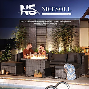 NICESOUL® 9 Pieces Outdoor Patio Sectional Furniture Sofa Set with Fire Pit Table Natural Gas Propane, 29.3'' High Back Modern Large Size PE Wicker Conversations with Fireplaces for Backyard