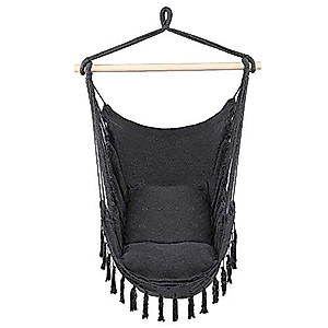 Gappys Tassel Hammock Hanging Chair - Cotton Rope Swing Seat - Max 250 Lbs - 2 Cushions Included - for Indoor Outdoor Bedroom Garden Yard Patio Porch (Black), 47 x 31 inch (macrame hammock chair)