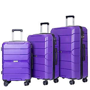 Travelhouse Amalodie Hardshell Upright Spinner Wheel Suitcase Set PP ABS, Lightweight Checked Carry-On Luggage 3-Piece Set with Spinner Wheels TSA Locks 20" 24" 28" (Jet Purple)