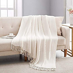 Revdomfly Knitted Throw Blanket White Farmhouse Woven Blankets with Fringe Tassels for Couch Bed, 47" x 67", White