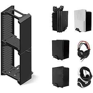 Skywin-Video Game Storage Stand Tower, Video Game Storage Organizer for PS5/ PS4/ PS3/ Xbox Series S & X/Xbox one Game, VR/Headset Hanger, 24 CD Storage Disk Tower for PS (Black)