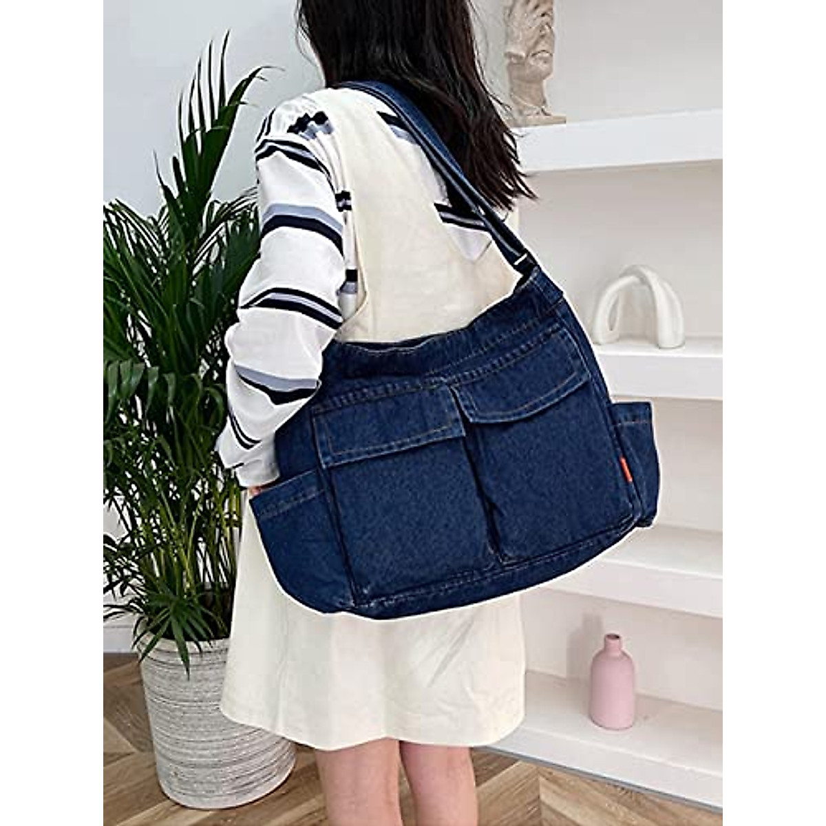 Nanwansu Denim Shoulder Bag Casual Style Canvas Bag Retro Travel Shopper Crossbody Handbag Hobo Tote Bag for Women Dark Blue