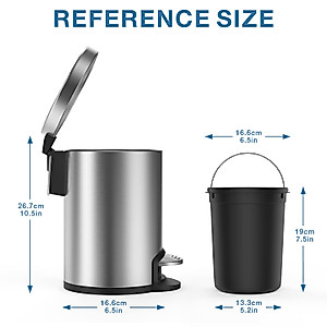 H+LUX Small Trash Can with Lid for Bathroom,Bedroom,Office,Mini Garbage can with Foot Pedal for Small Space, Anti-Fingerprint Brushed Stainless Steel Garbage Can, 0.8Gal/3L