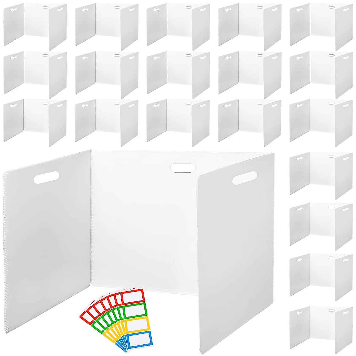 20 Pcs Classroom Privacy Boards for Student Easy Carry Plastic Desks Folders Shields Test Dividers with 40 Colorful Name Labels for School Study Reduces Distractions 15 x 17.3 x 15 Inch, White