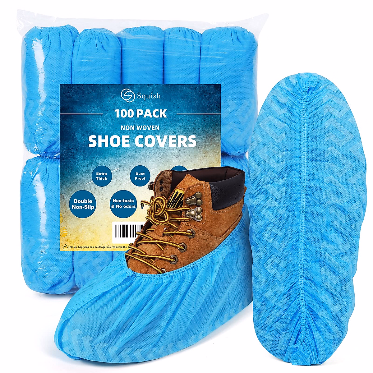 squish Shoe Covers Disposable Non Slip, Thick Extra Disposable Boot Covers Slip Proof Shoe Cover for Indoors Outdoors Recyclable Durable Protector Covers Fits Virtually Most Shoes 100 Pack(50 pairs)