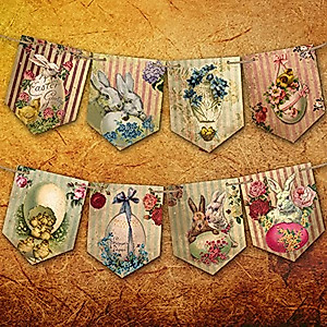 Vintage Easter Decorations Easter Banner, Easter Decor Easter Garland with Bunny and Egg Pattern, Easter Decorations for the Home Fireplace Indoor Outdoor Easter Party