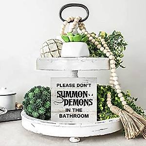Funny Please Don't Summon Demons in the Bathroom Wooden Box Sign Desk Decor Rustic Bathroom Wood Block Plaque Box Sign for Home Office Shelf Table Decoration (5 X 5 Inch)
