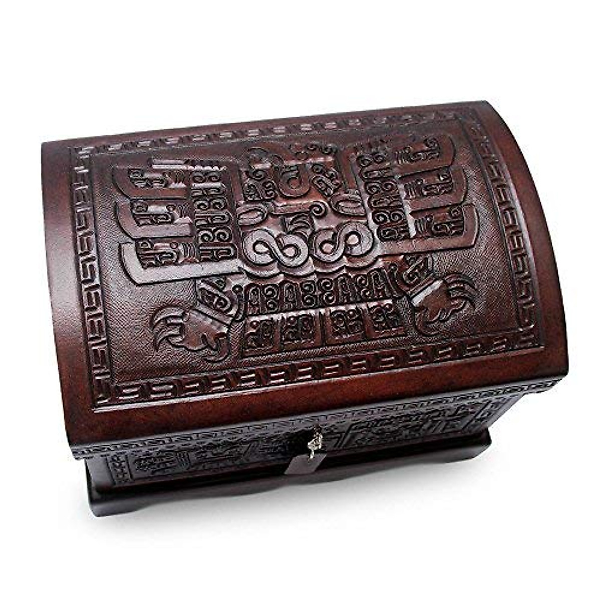 NOVICA Tooled Leather And Wood Handcrafted Treasure Chest Jewelry Box With Organizer Tray, 'Inca Domain'