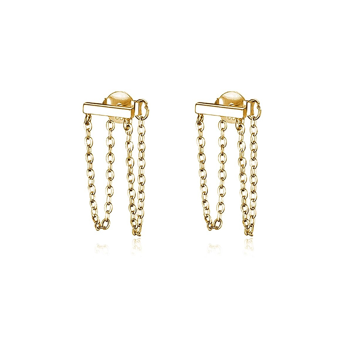 Reffeer Solid 925 Sterling Silver Bar Tassel Chain Drop Earrings for Women Bar Drop Earrings Studs Minimalist (B-18K Gold)