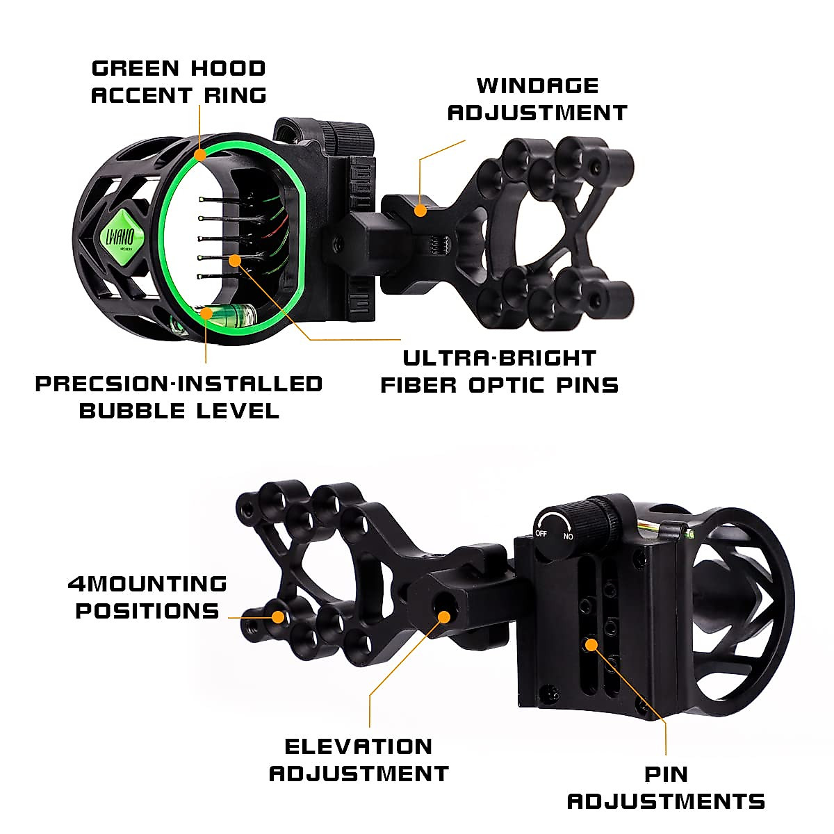 LWANO 5 Pin Bow Sight with Rheostat Light and Reversible Mount Design