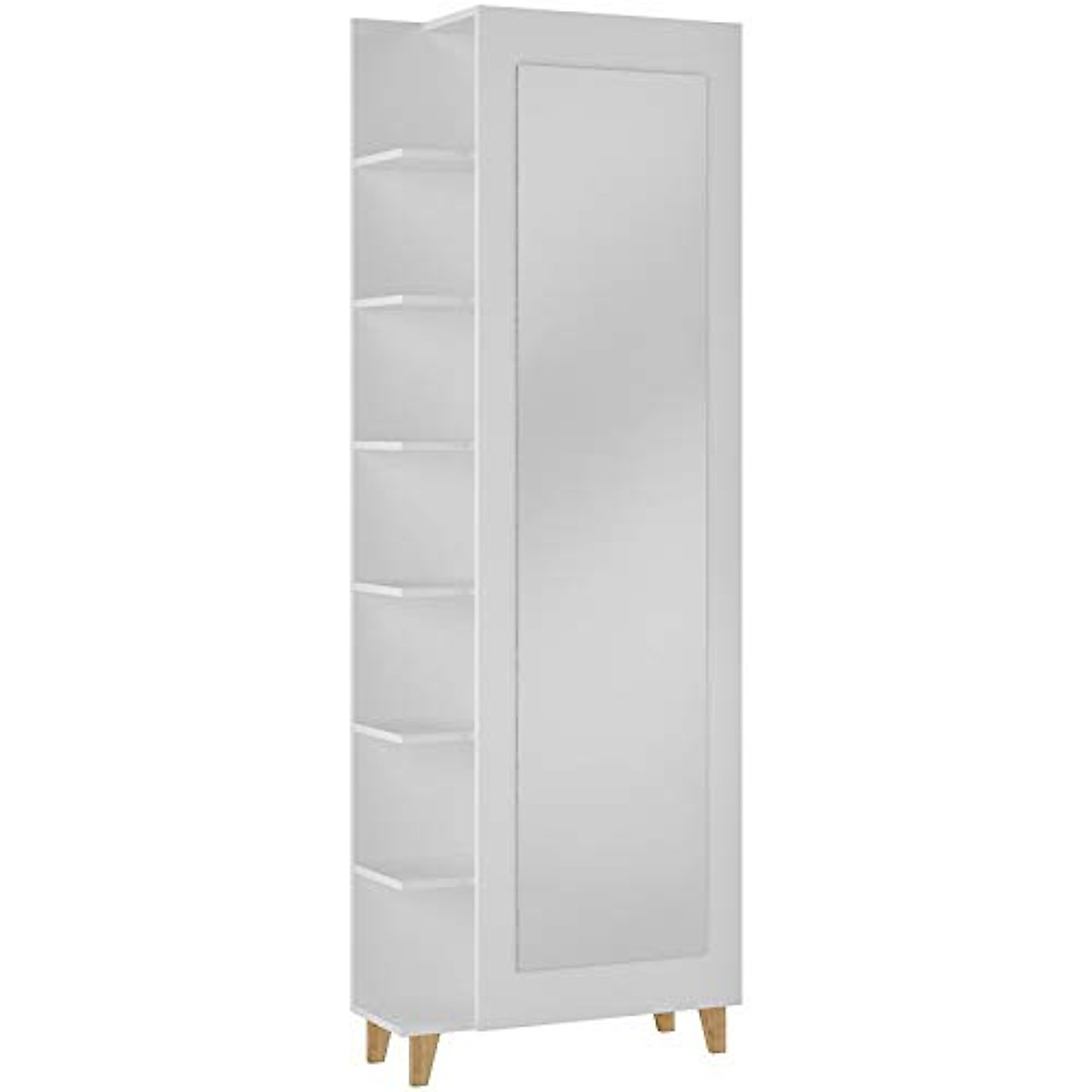 Pemberly Row Modern Wood 7 Shelf Shoe Rack with Mirror in White