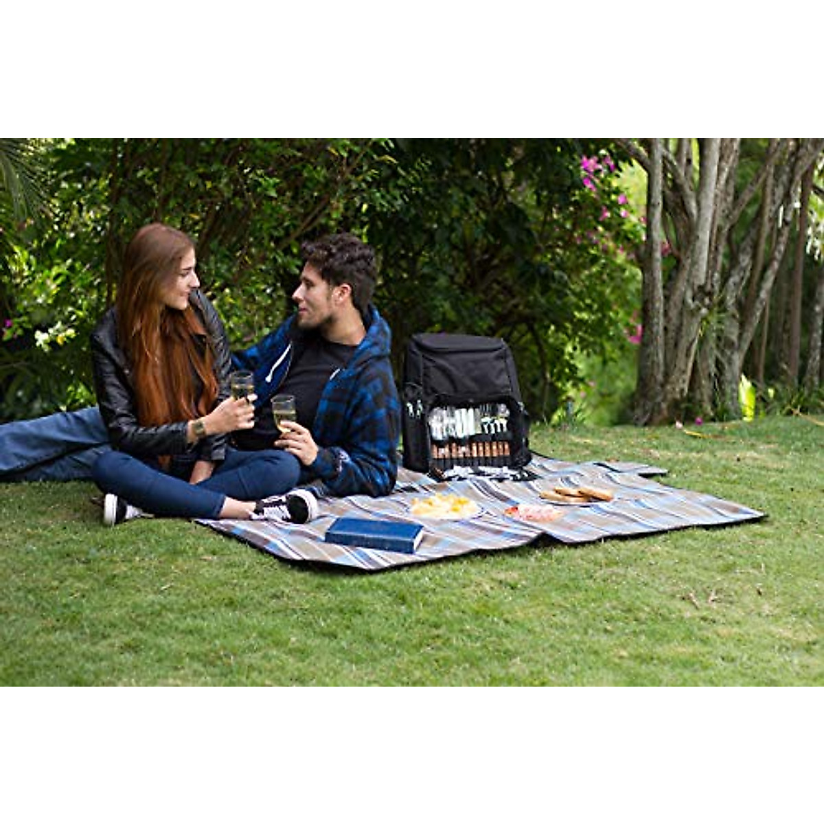 Picnic Backpack for 2 | Picnic Basket | Stylish All-in-One Portable Picnic Bag with Complete Cutlery Set, Stainless Steel S/P Shakers | Picnic Blanket Waterproof Extra Large| Cooler Bag for Camping