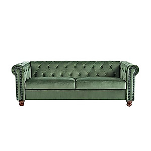 EMKK Chesterfield Sofa, Classic Tufted Upholstered Couch, Modern 3 Seater Loveseat Long Settee Furniture with Rolled Arms and Nailhead,Back and Legs for Living Room Office, Apartment, Green-b