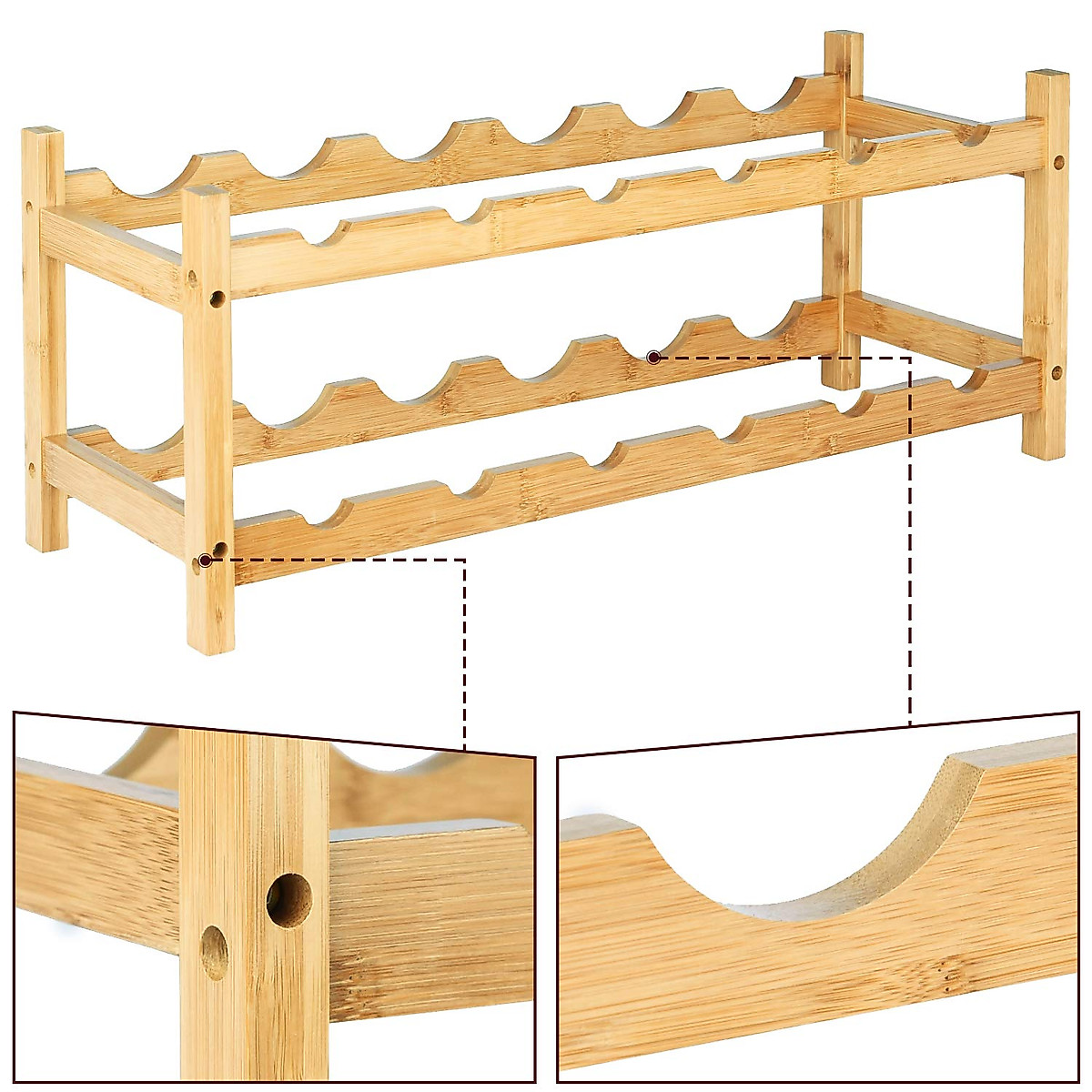 RIIPOO Wine Rack, Countertop Wine Rack, Wine Storage Shelf, 12 Bottles Bamboo Wine Holder, 2 Tier