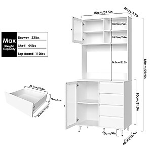 FACBOTALL 71'' Tall Kitchen Pantry Storage Cabinet with Large Countertop, Kitchen Buffet Hutch Cabinet with 2 Adjustable Shelves & Tempered Glass Doors, 4 Handless Drawers for Home, White