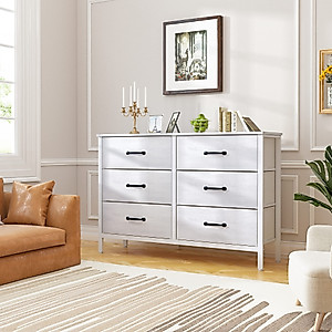 LYNCOHOME White Dresser with 6 Drawers, Wide Dresser for Bedroom and 50" TV, Entertainment Center with Metal Frame, Wooden Top, Fabric Drawers Dresser for Bedroom, Hallway, Entryway, White
