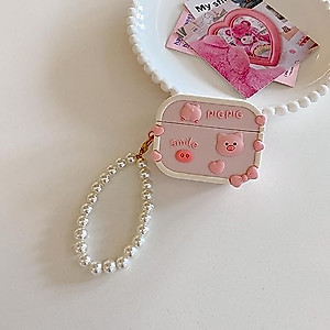 QIXIU for AirPods Pro Case Cover with Pearl Bracelet,Full Protective Silicone Skin Accessories for Women Girl,Kawaii Cute Piglet Wireless Charging Headset Accessories,Pink