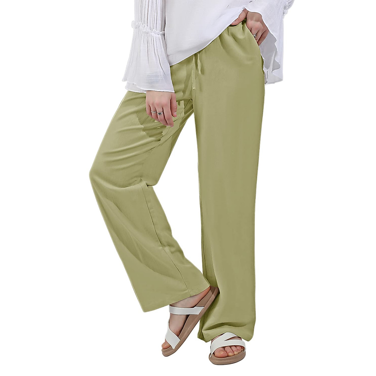 utcoco Women's Cotton Linen Drawstring High Waisted Pants Casual Loose Fit Wide Leg Trousers (XL, Green)