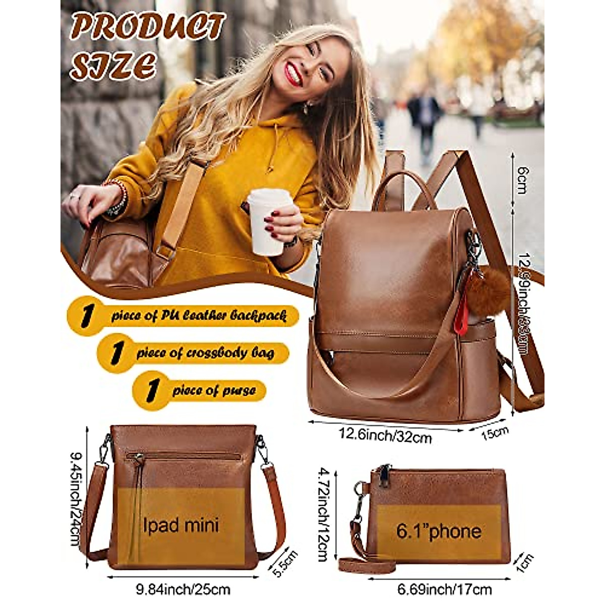 3 Pcs PU Leather Backpack Purse for Women Crossbody Purse Set Women's Crossbody Handbags Soft College Casual Shoulder Bag for Ladies Travel, Brown