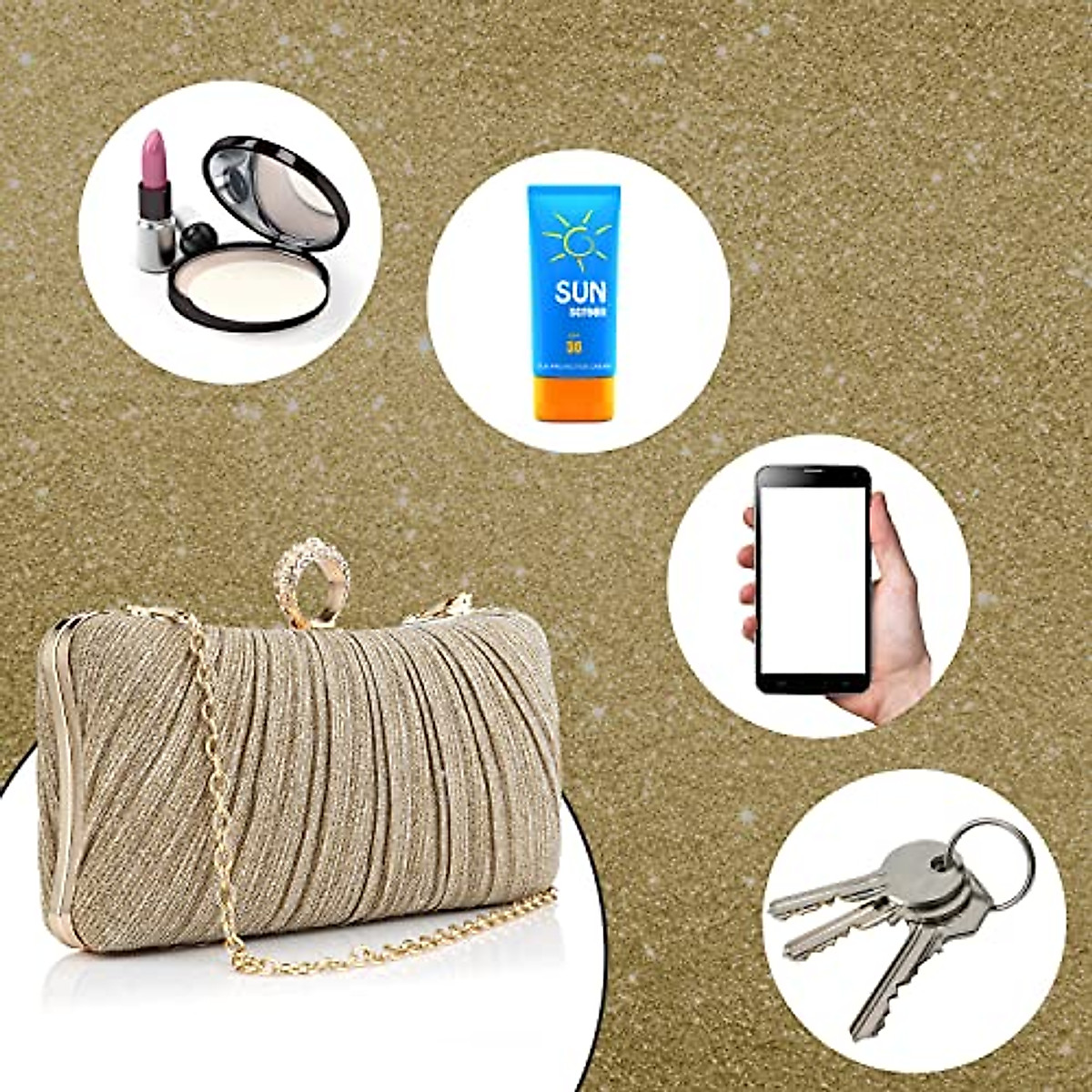 YYW Evening Handbag Women Gold Glitter Clutch Purse Pleated Wedding Clutch for Bridal Wedding Party (Gold)