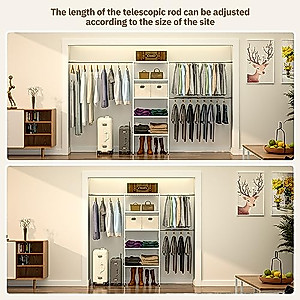 Homde Closet Organizer Storage System with 2 Storage Drawers and 3 Expandable Stainless Steel Hanger Rods,Bamboo Clothing Garment Rack,Freestanding Wardrobe Closet for Bedroom,White