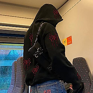 NECHARI Women's Rhinestone Spider Hoodie Y2K Full Zip Jacket Pullover Aesthetics Oversized Casual Sweatshirt