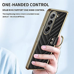 Designed for Samsung Galaxy Z Fold 5 Case with Ring Holder & Built-in Screen Protector Women Stylish Quilted Leather Luxury Gold Plated Frame Case for Samsung Z Fold 5 2023,Pink