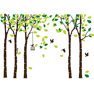 Amaonm 104"x71" Giant Large Jungle 5 Trees Wall Decals Green Leaves and Fly Birds Wallpaper Wall Decor DIY Vinyl Wall Stickers for Kids Bedroom Living Room Nursery Rooms Offices Walls (Brown Tree)