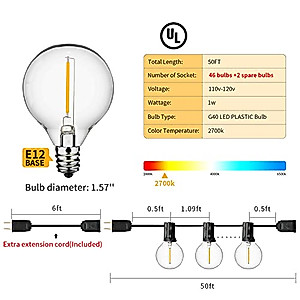 Outdoor String Lights,50ft with 48 Dimmable G40 LED Shatterproof Bulbs UL Approval Waterproof Globe String Lights 1W 2700K Outdoor Lighting for Backyard Porch Cafe Party Wedding Garden