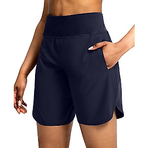 Soothfeel Women's Running Shorts with Zipper Pockets 7 Inch Long High Waisted Athletic Workout Gym Summer Shorts for Women (Navy, XXL