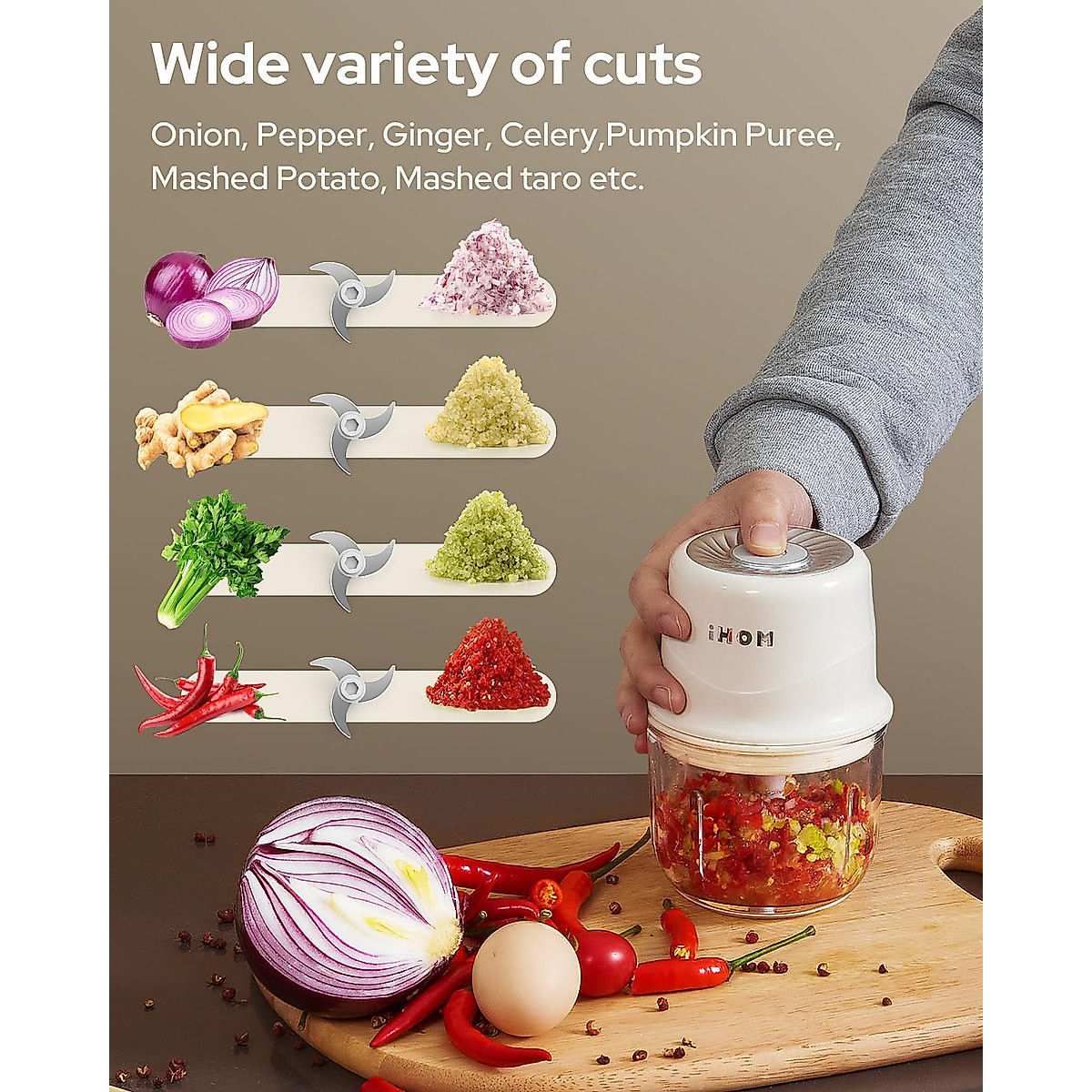 Garlic Chopper, IMC-3001E Electric Mini Chopper With 300 ml Glass Bowl & Triple-layer Blade, Portable Veggie Chopper With Type-C Charging Cable to Cutting Onions, Peppers, for Home, Camping, Travel