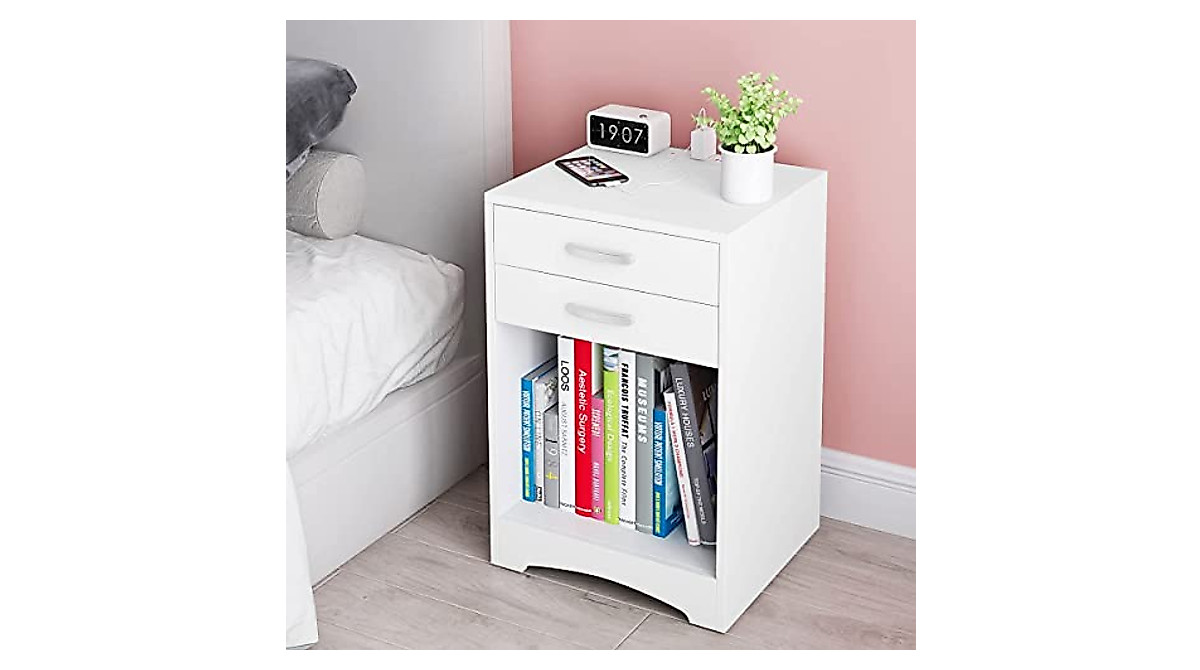 HOSEOKA White Nightstand with Charging Station | Modern Storage & USB Power