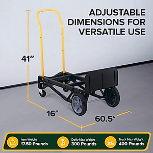Harper Trucks Heavy Duty Nylon Frame Convertible Hand Truck Dolly Cart with Adjustable Telescopic Frame and Pneumatic Wheels, Black