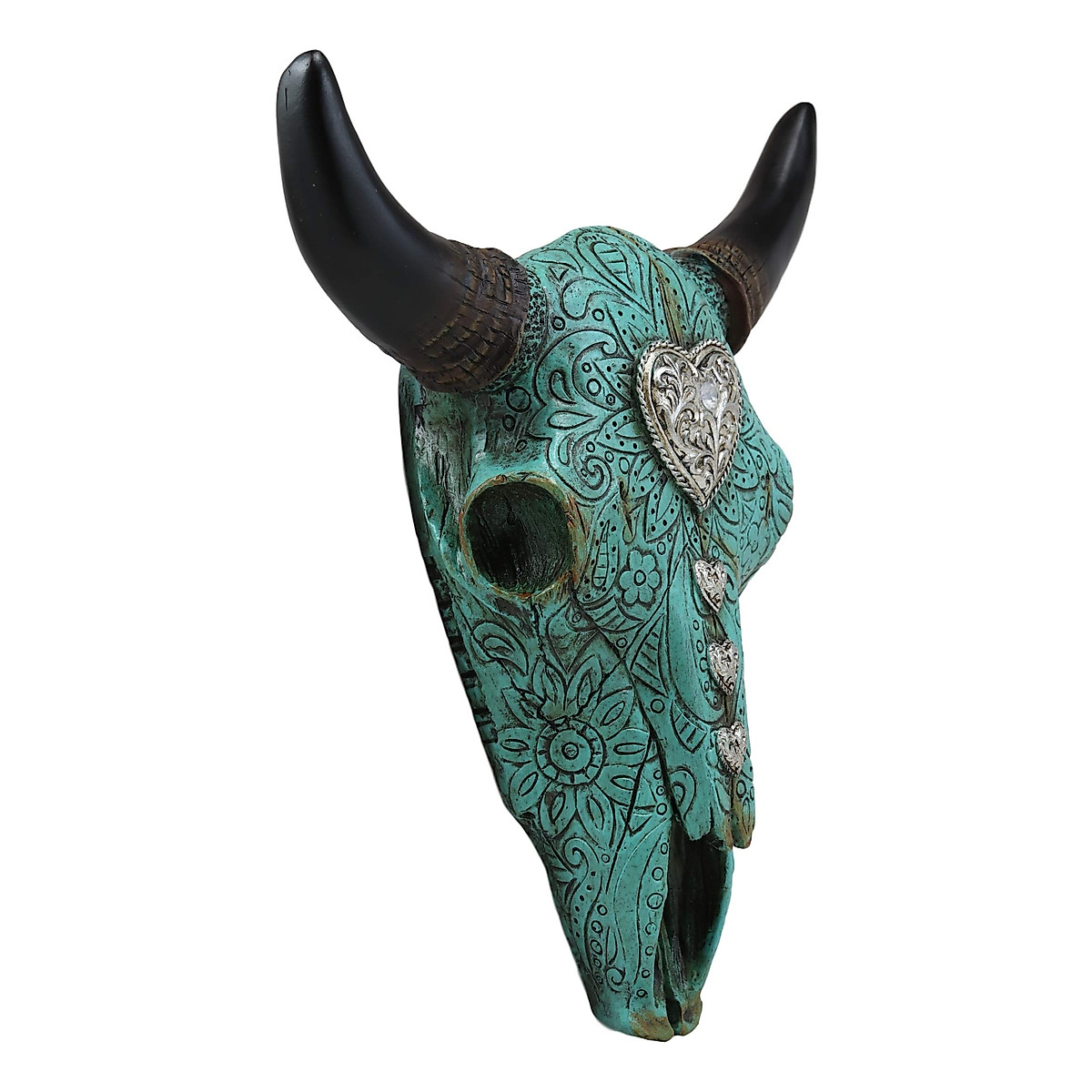 Ebros 10" Wide Western Southwest Steer Bison Buffalo Bull Cow Horned Skull Head Turquoise Silver Heart With Scroll Lace Design Wall Mount Decor Native Indian Sacred Animal Totem Bust Skulls