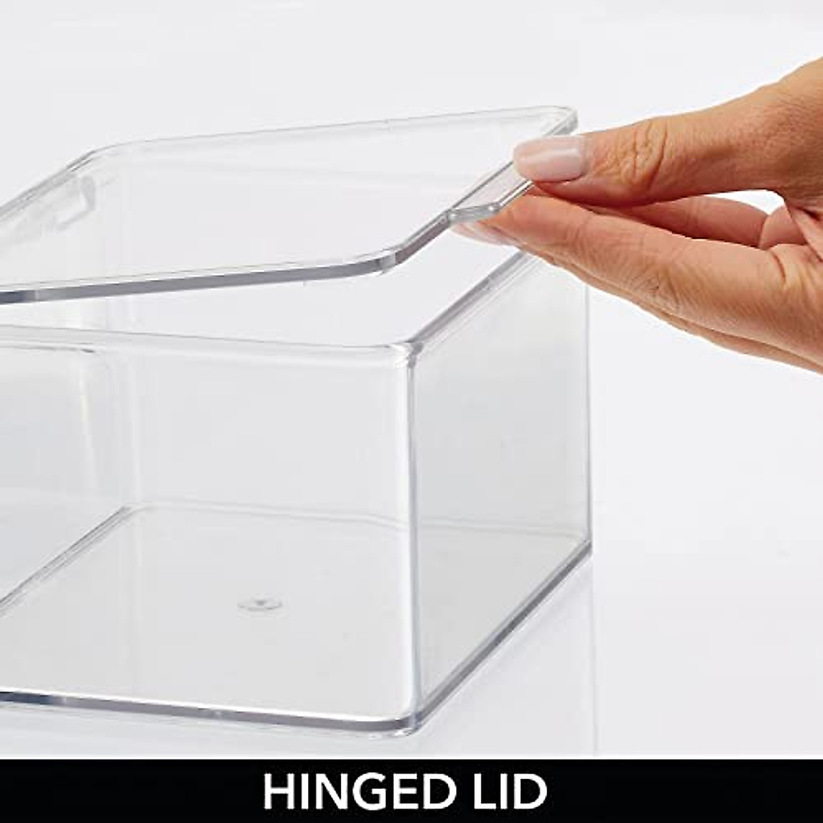 mDesign Plastic Kitchen Pantry and Fridge Storage Organizer Box Containers with Hinged Lid for Shelves or Cabinets, Holds Food, Snacks, Canned Drinks, Seasoning, Condiments, or Utensils, 2 Pack, Clear