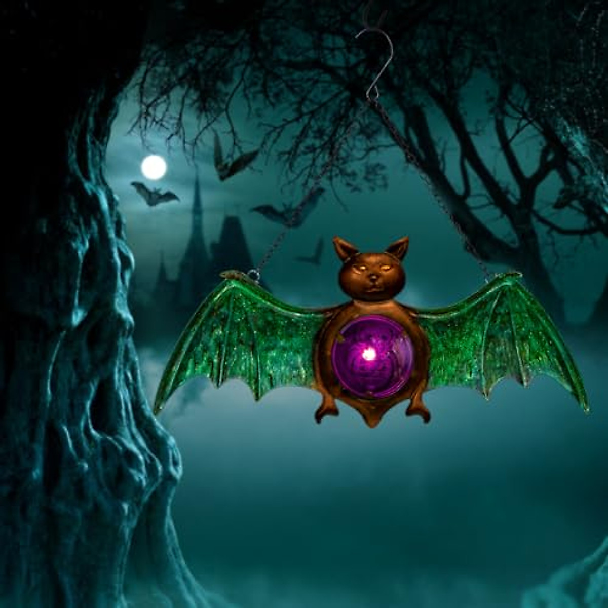 DREAMSKIP Hanging Bats Halloween Decoration, Halloween Bats Solar Lights Outdoor, Waterproof Halloween Lanterns for Yard, Outside, Party, Garden (Green)