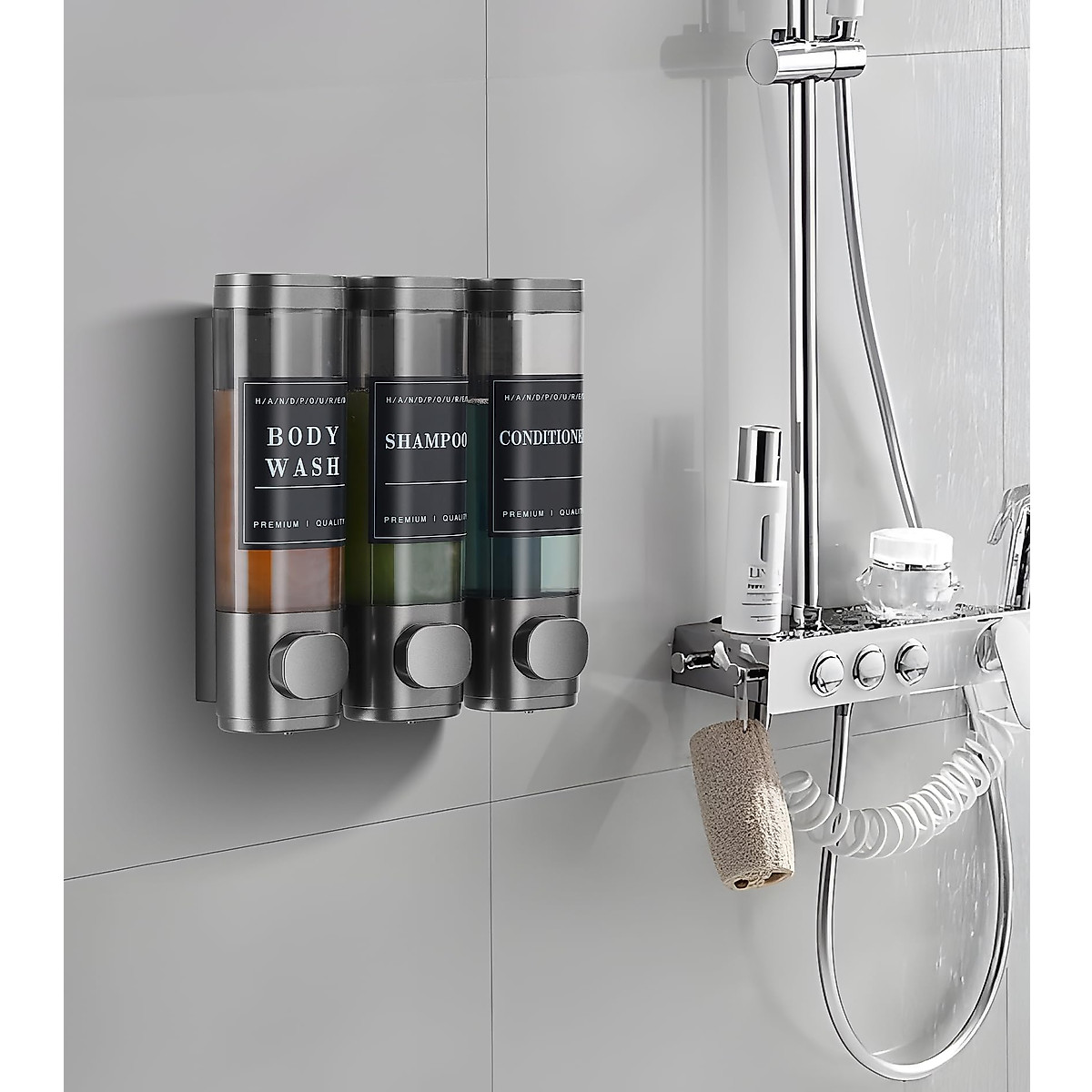 Cabo Deseado Shower Soap Dispenser Wall Mounted No Drill Shampoo Dispenser for Shower Wall Shampoo and Conditioner Dispenser Bathroom Hotel 3 * 300ml Gungray with Labels