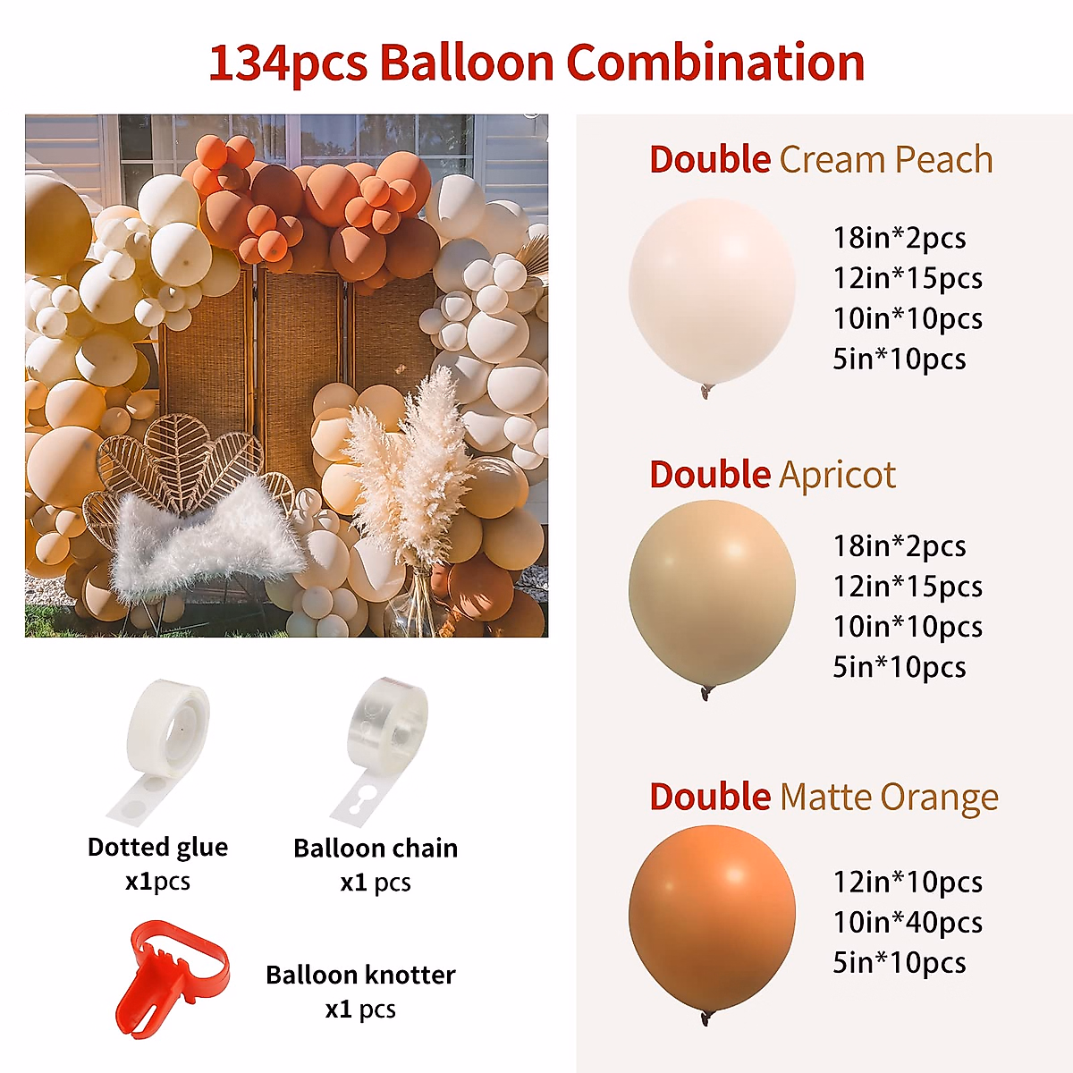 Rubfac 134pcs Boho Balloon Garland Arch Kit Double-Stuffed Matte Orange Cream Peach Apricot Balloons for Wedding Birthday Baby Shower Party Decor