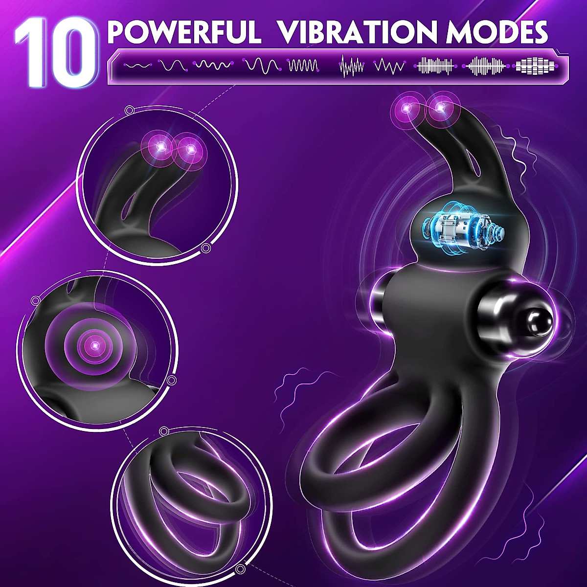Vibrating Cock Ring Sex Toy - Male Sex Toys for Men Vibrator Double Penis Ring Couples Sex Toys Adult Toys Mens Sex Toys with Rabbit Ears 10 Vibration Modes Adult Sex Toys for Couples Female Women