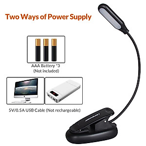 LEPOWER Clip on Book Light/Reading Light/Clip Light with 5 LED Eye Care, 3 Color Changeable, Portable Reading Lamp, Battery & USB Operated, Bed Light for Kids, Bookworms, Students(Black)
