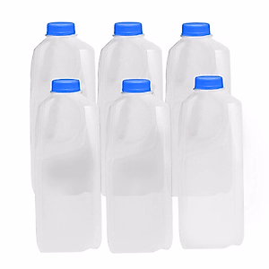 [6 PACK] Half Gallon Jugs With Caps - 64oz Empty Milk Plastic Container Bottles and Lid